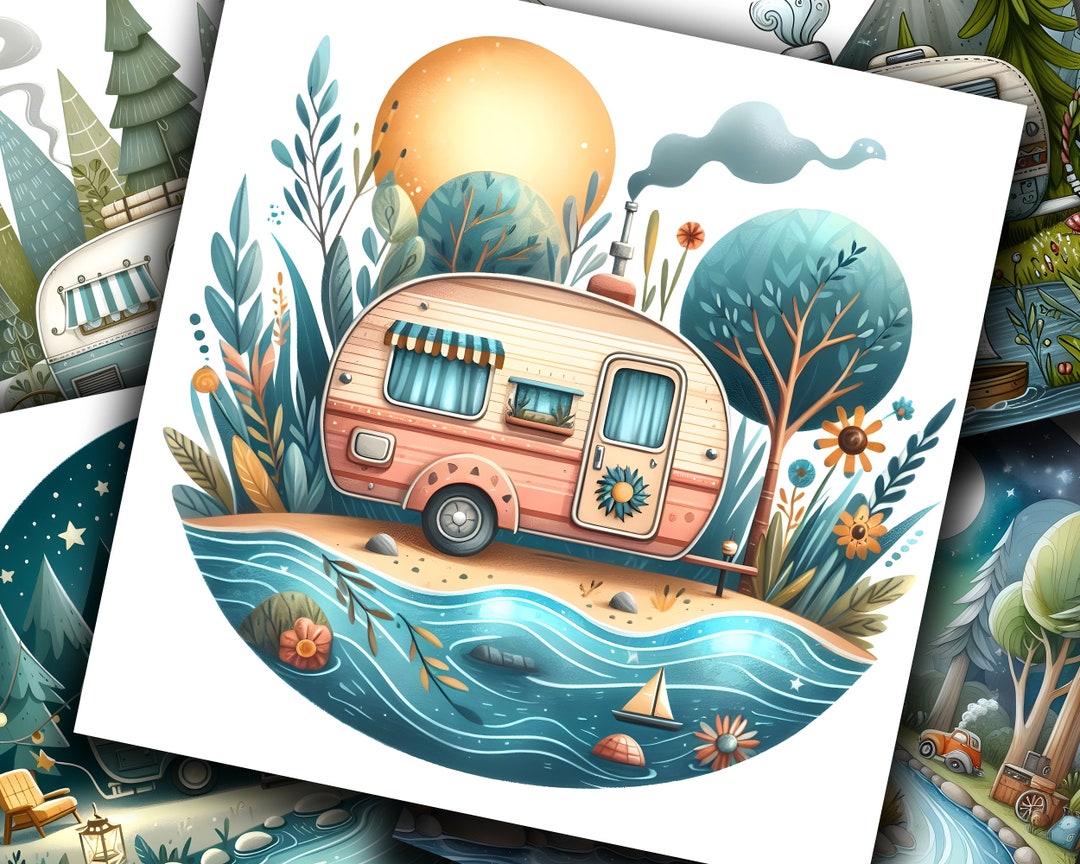 40 Whimsical Camping Scenes, Retro Campers, Digital Art, High ...