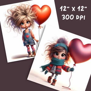 10 Whimsical Girl Clipart - Girls Holding Giant Heart Balloons JPG ...