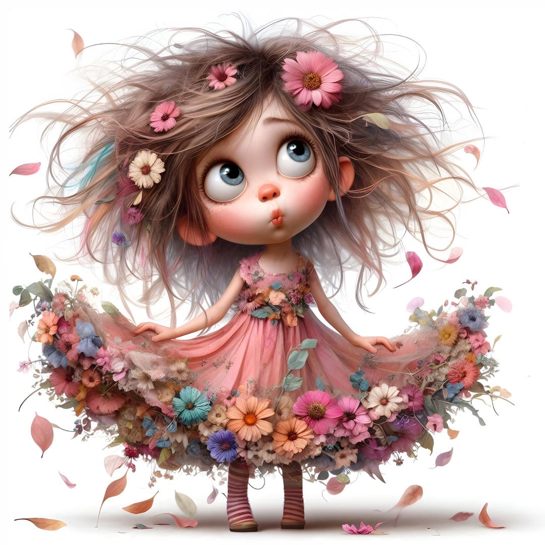 15 Whimsical Girl Clipart - Floral Petal Dresses "flower Power" Digital ...