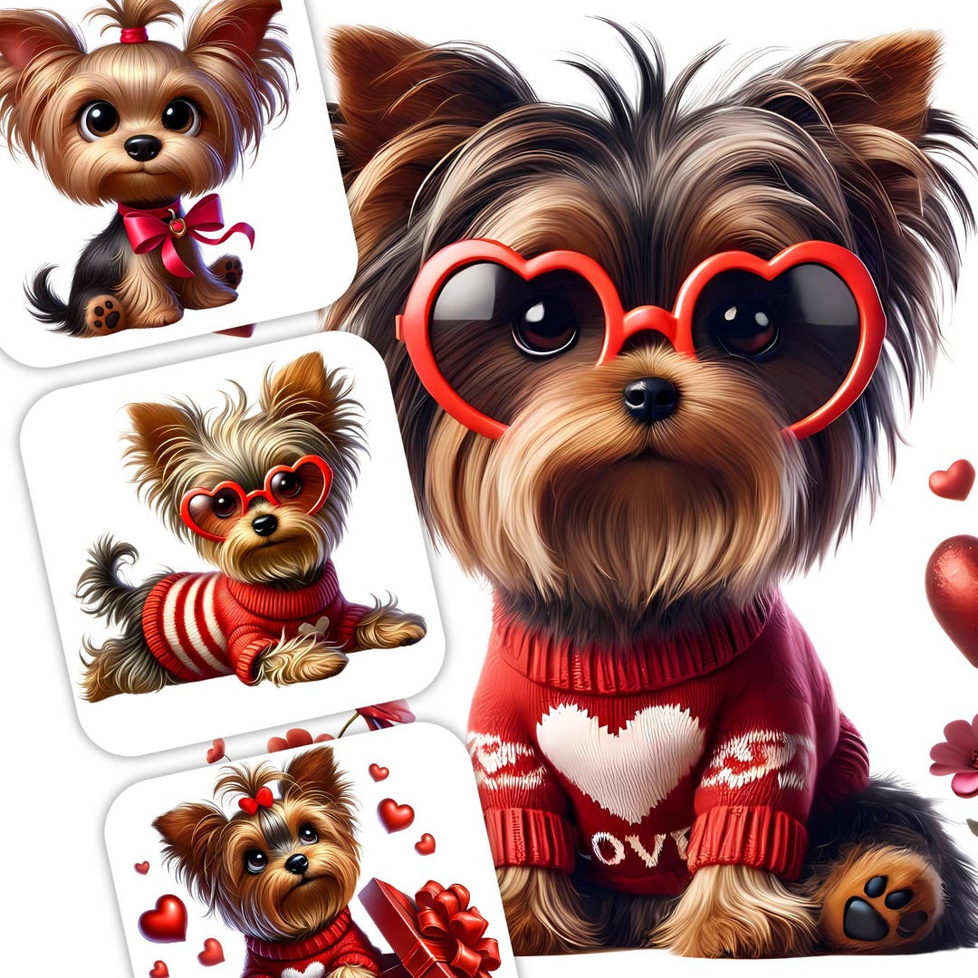 12 Valentine Yorkie Clipart, Valentine's Day Dog, Whimsical Valentine ...