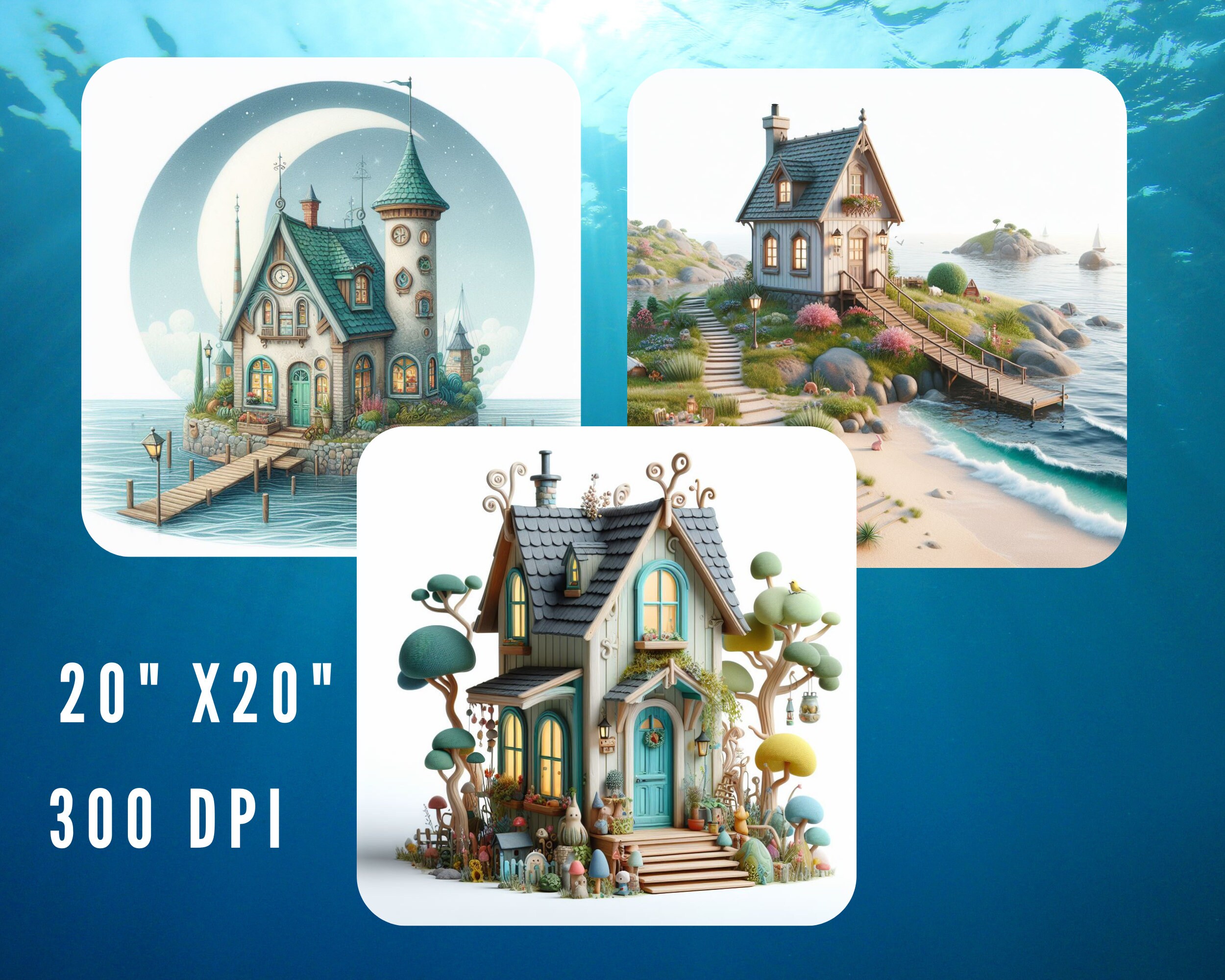Whimsical Ocean Houses, Digital Papers, 15 Printable Whimsical Scenes ...