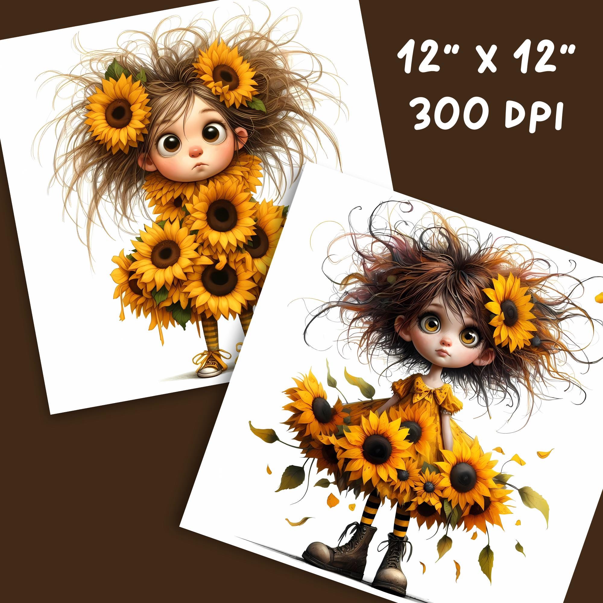 10 Whimsical Girl Clipart - Sunflower Dresses Digital Download 300 DPI ...