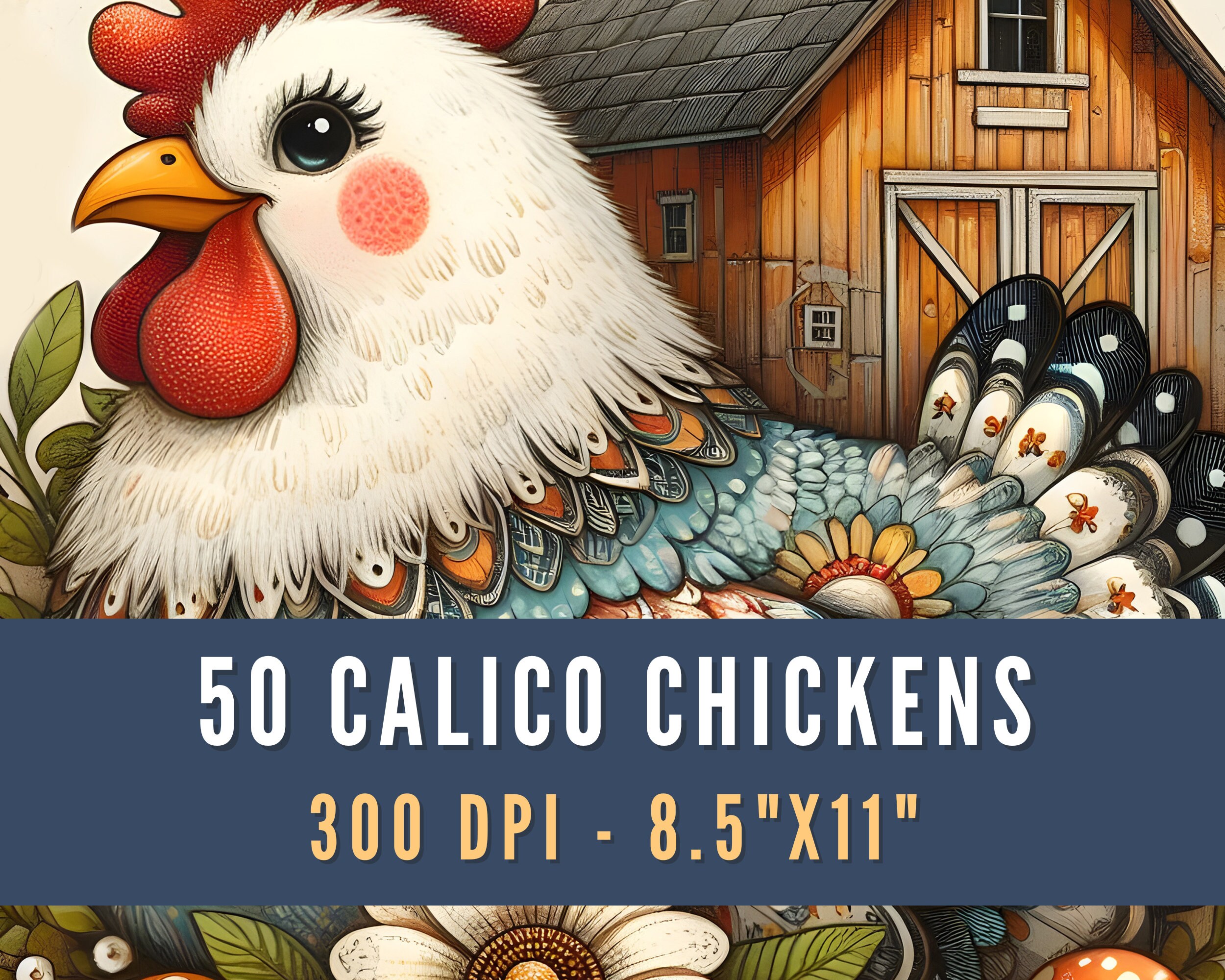50 Whimsical Calico Chicken Images, Digital Art, Printable Kit, Instant ...