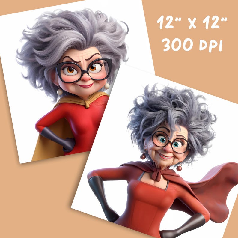 Superhero Grandma Clipart: Whimsical Older Women Designs (JPG, 300 DPI ...