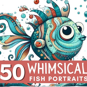 Digital Kit, 50 Whimsical Fish Portrait Illustrations, Digital Art ...
