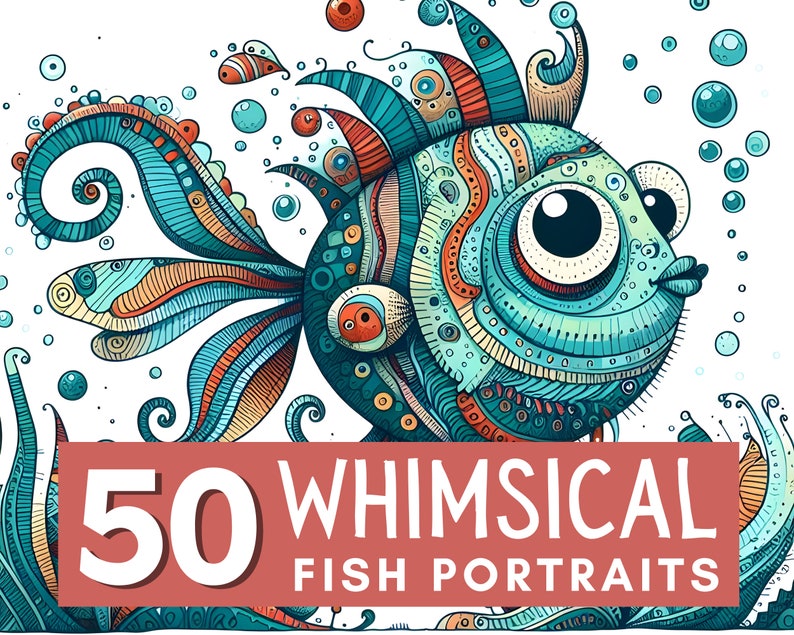 Digital Kit, 50 Whimsical Fish Portrait Illustrations, Digital Art ...