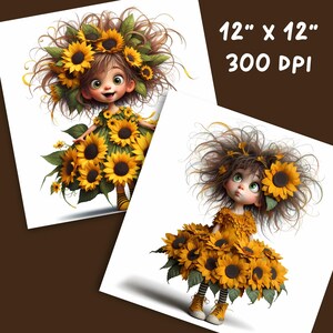 10 Whimsical Girl Clipart - Sunflower Dresses Digital Download 300 DPI ...