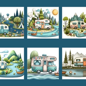 40 Whimsical Camping Scenes, Retro Campers, Digital Art, High ...