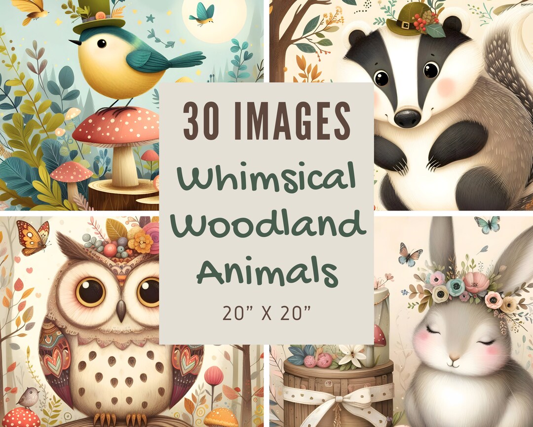 30 Whimsical Woodland Animals, Digital Papers, 30 Printable Woodland ...