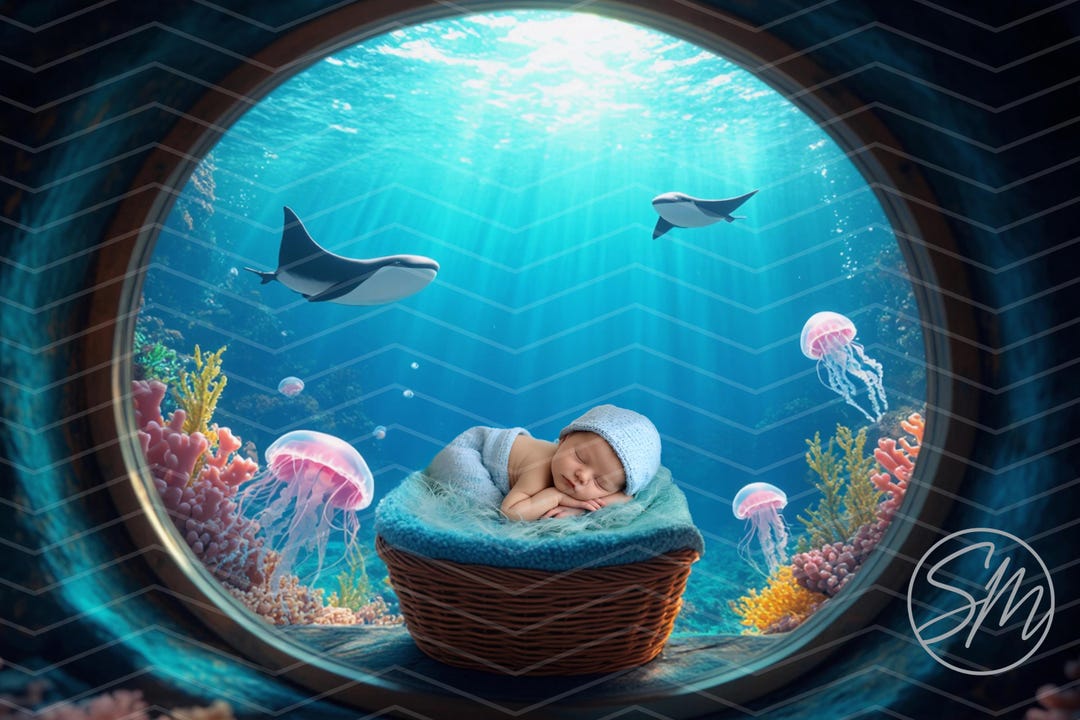 Underwater Submarine Baby Digital Backdrop – Ocean View With Jellyfish ...