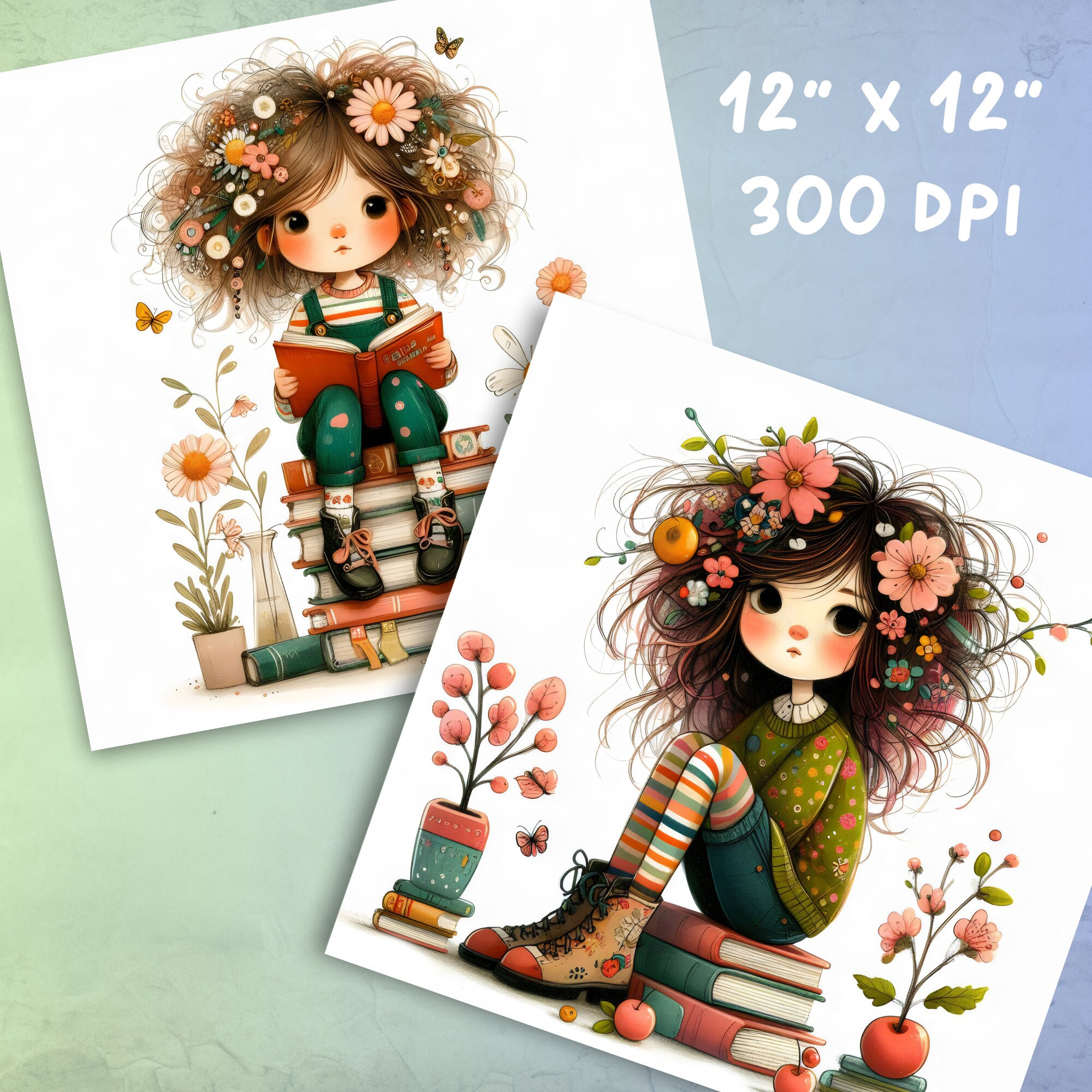 Quirky Book Lover Girl Clipart, Commercial Use (300 DPI Jpgs) - Etsy