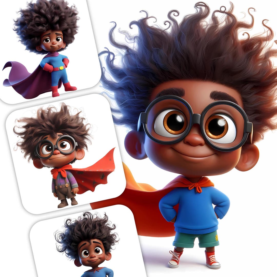 Whimsical African American Superhero Boy Clipart (12 JPG Images ...