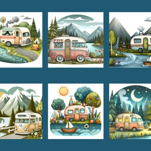 40 Whimsical Camping Scenes, Retro Campers, Digital Art, High ...