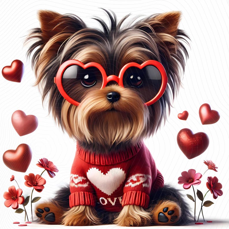 12 Valentine Yorkie Clipart, Valentine's Day Dog, Whimsical Valentine ...