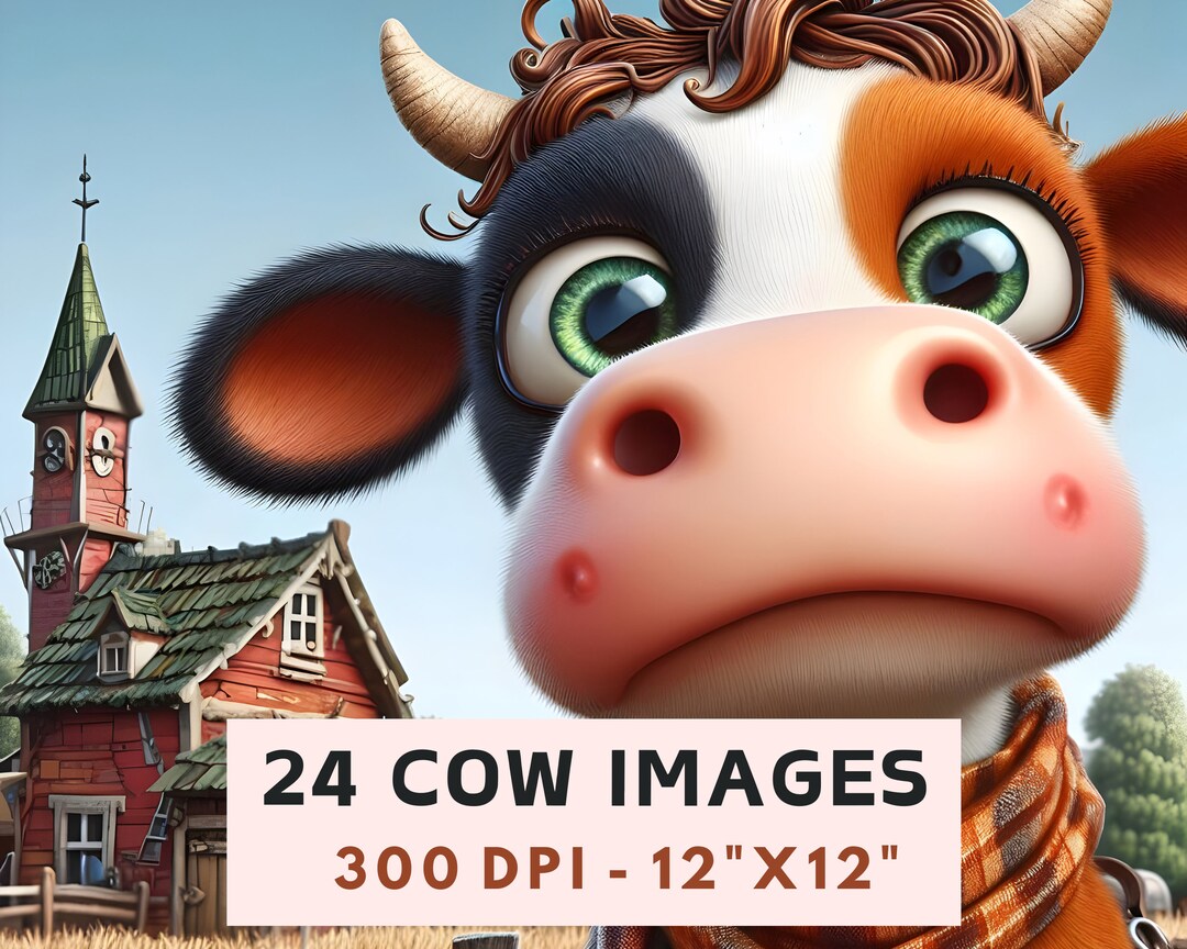 24 Funny, Cute, Cow Portraits, Mixed Media, Digital Art, Instant ...