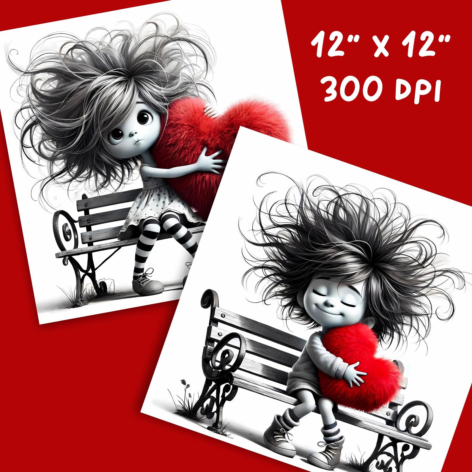 12 Whimsical Quirky Girl Clipart - Girls on Bench Holding Red Heart ...