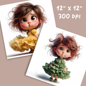 Whimsical Girl Clipart: Ruffled Dress Fashion Illustrations (digital ...