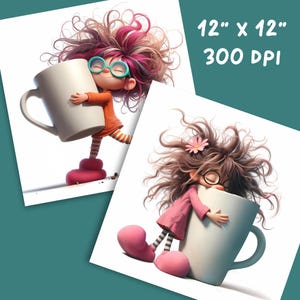 10 Whimsical Girl Clipart - Girls With Giant Coffee Cups JPG Images 300 ...