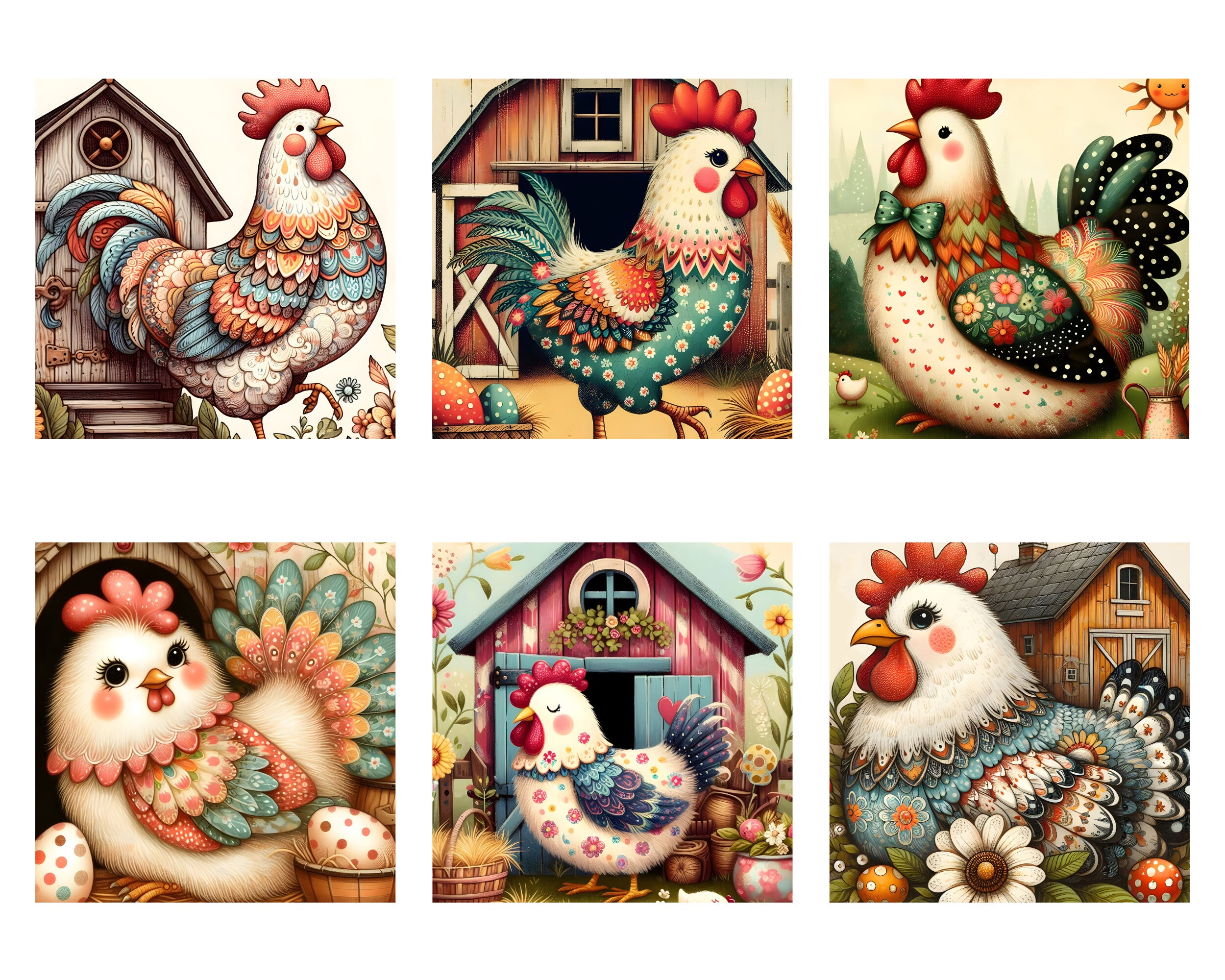 50 Whimsical Calico Chicken Images, Digital Art, Printable Kit, Instant ...