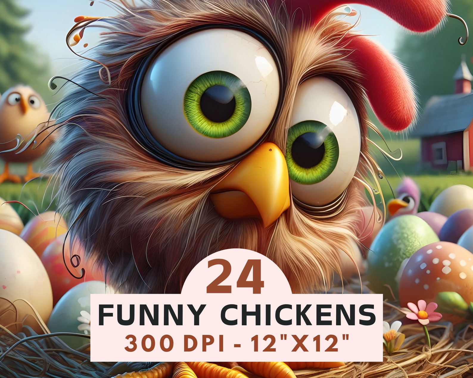 24 Funny, Cute, Chicken Portraits, Mixed Media, Digital Art, Instant ...