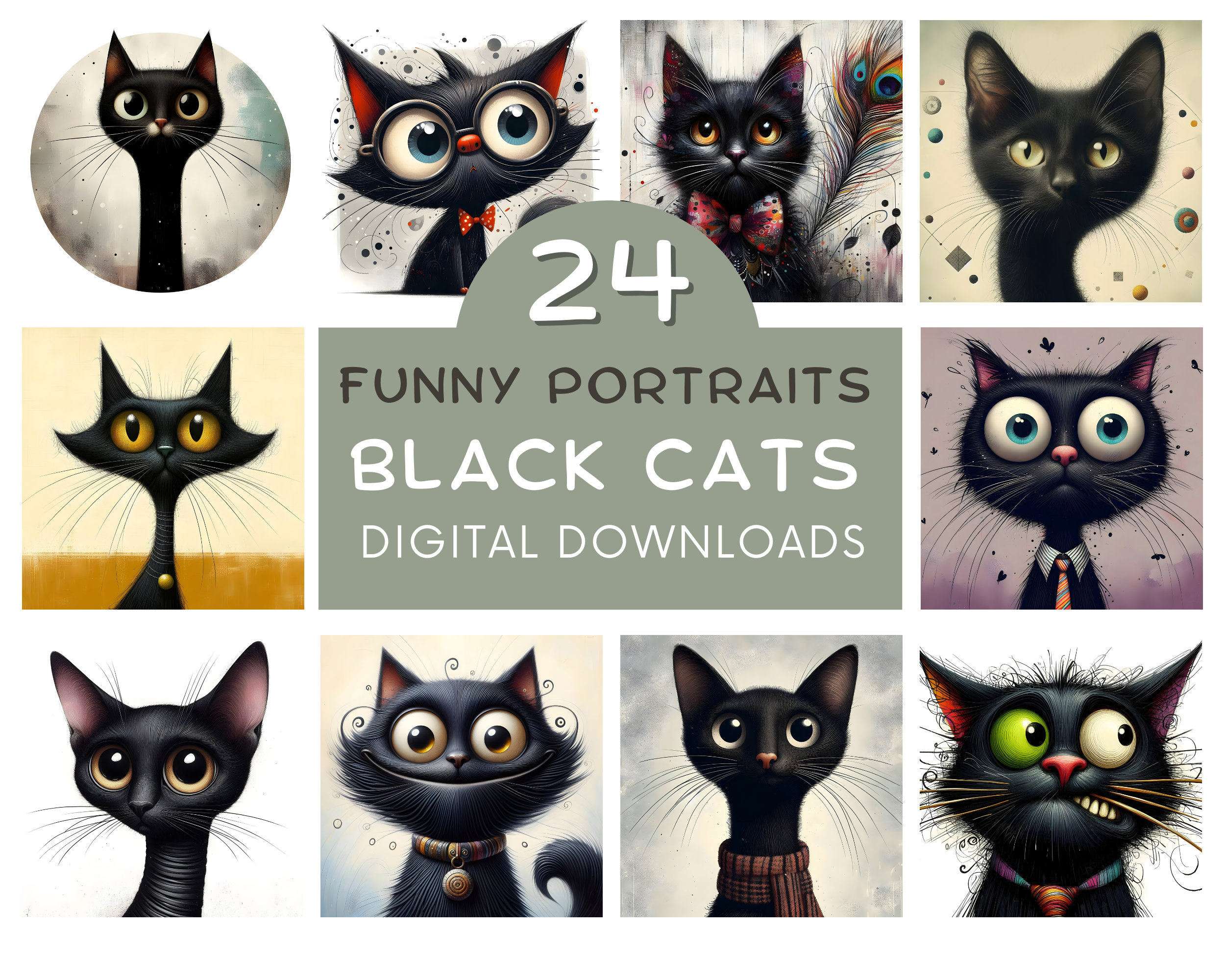 Cute and Funny Black Cat Portrait Bundle 24 Hi-res Images Commercial Use Digital Download Junk ...