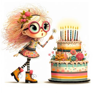 Quirky Birthday Girl Clipart, Commercial Use, Cute Birthday Girl ...