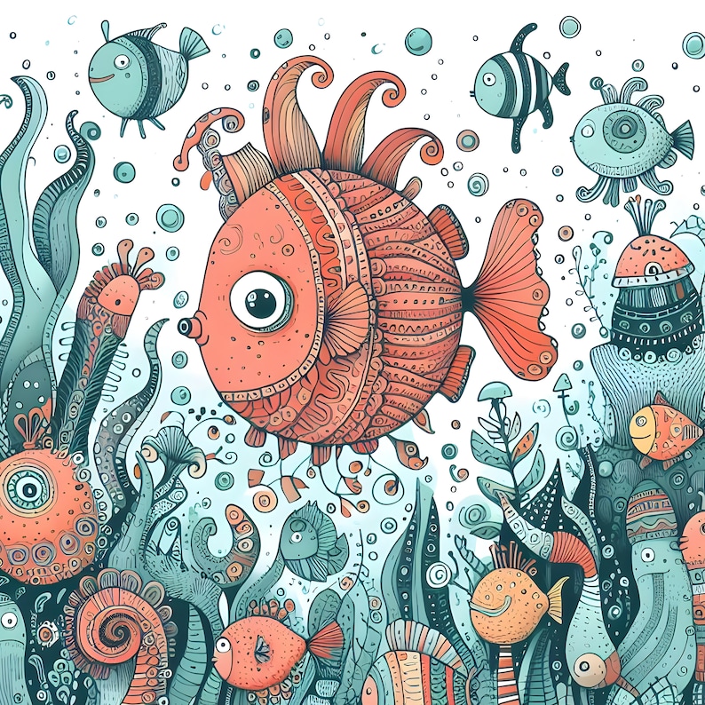 Digital Kit, 50 Whimsical Fish Portrait Illustrations, Digital Art ...