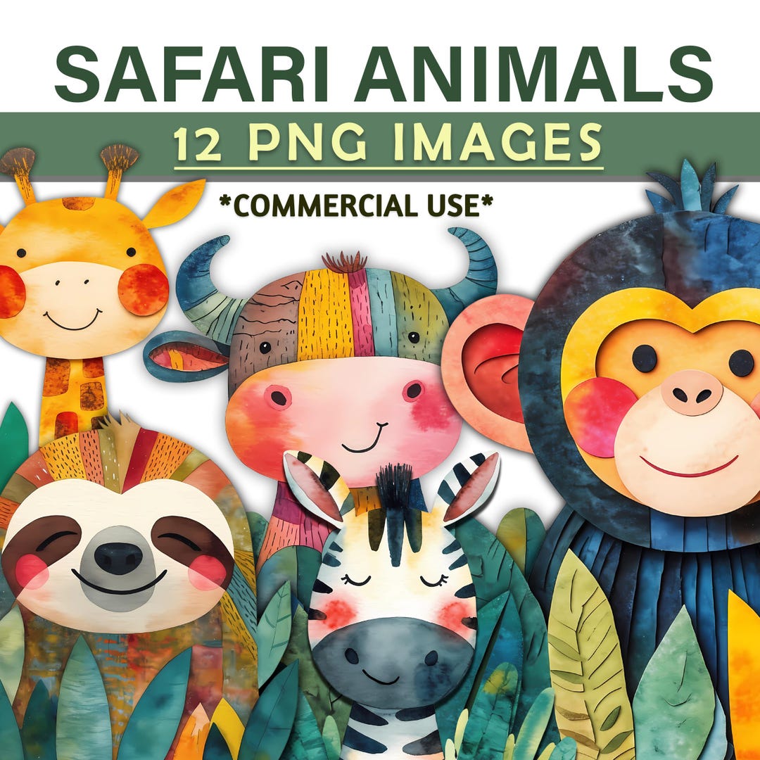 Safari Animal Clipart Bundle: 12 PNG Images, Transparent Background ...