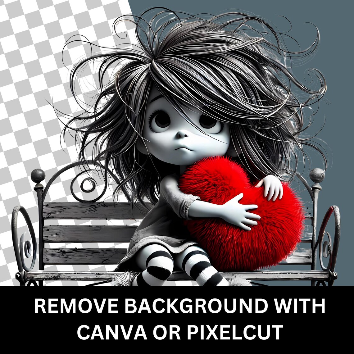 12 Whimsical Quirky Girl Clipart - Girls on Bench Holding Red Heart ...