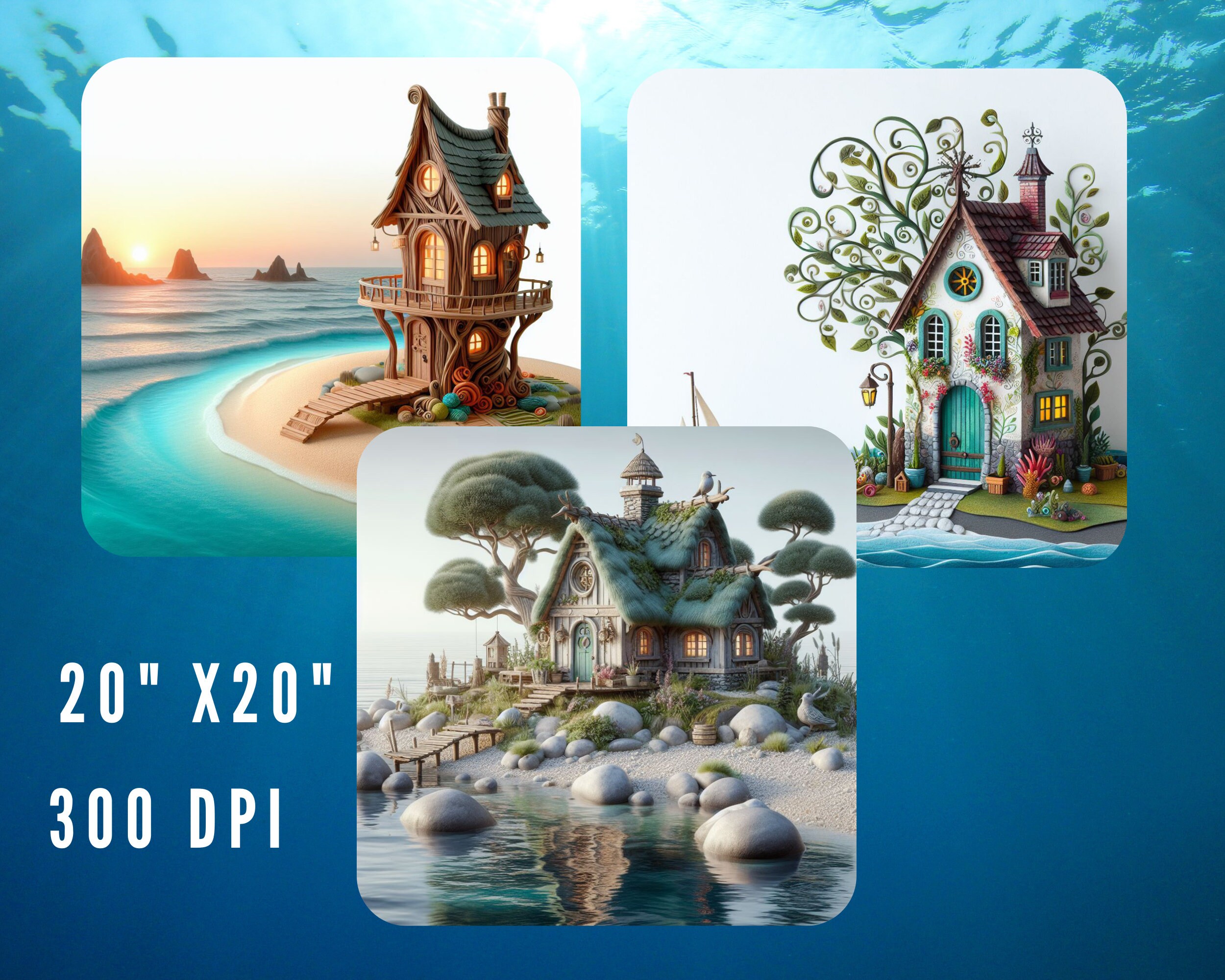 Whimsical Ocean Houses, Digital Papers, 15 Printable Whimsical Scenes ...