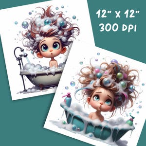 10 Whimsical Girls Clipart - Bubble Bathtub Scene Digital Download 300 ...