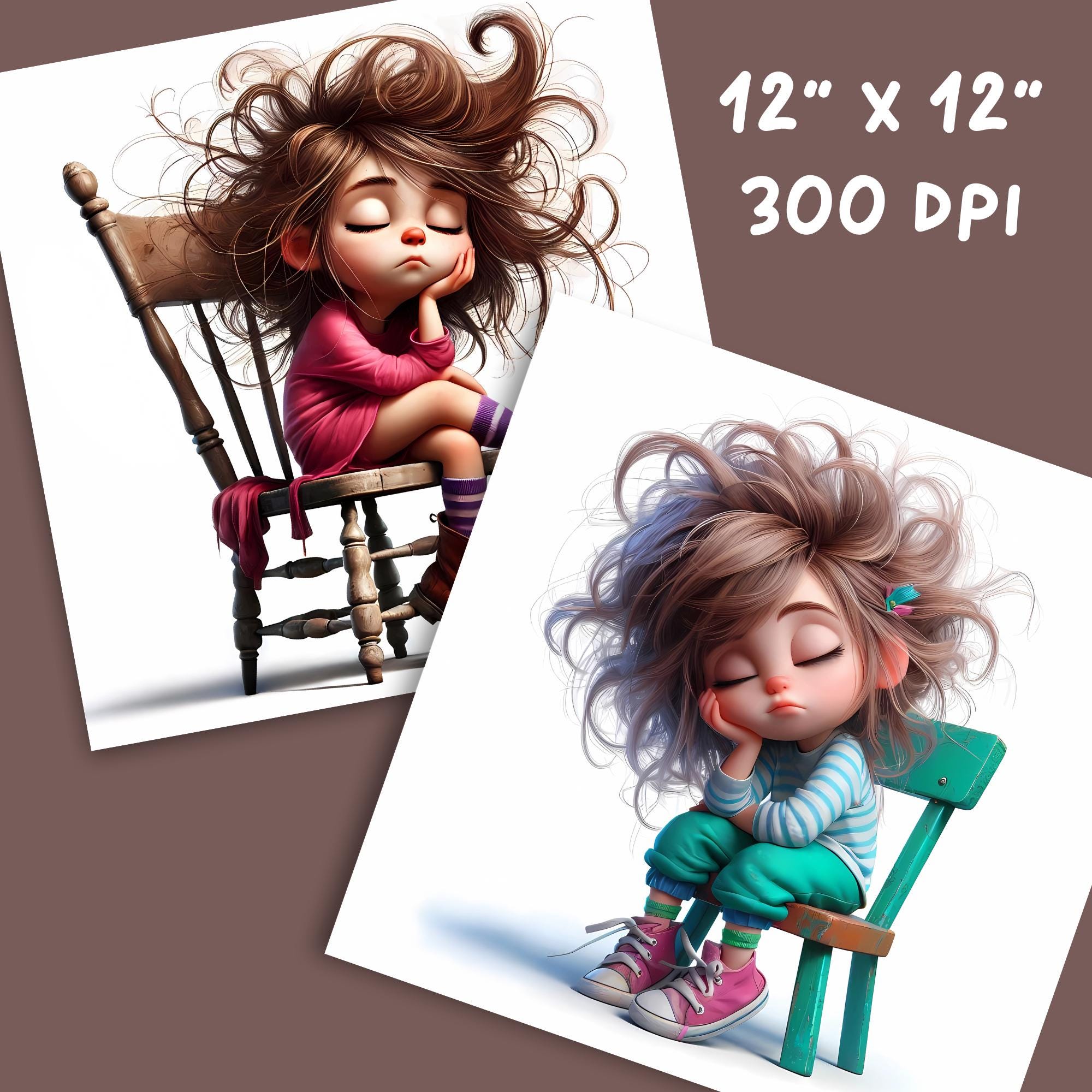 10 Whimsical Girl Clipart - Girls Dozing off on Chairs JPG Images 300 ...