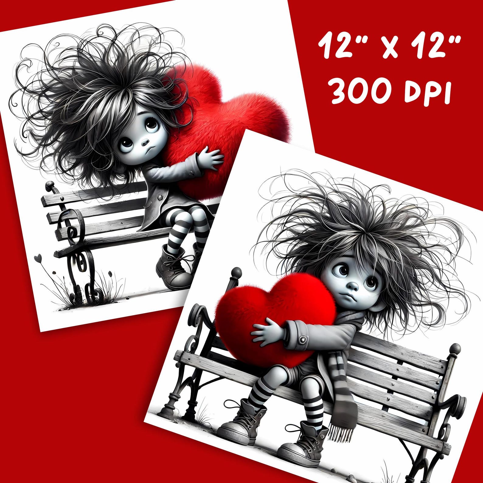 12 Whimsical Quirky Girl Clipart - Girls on Bench Holding Red Heart ...