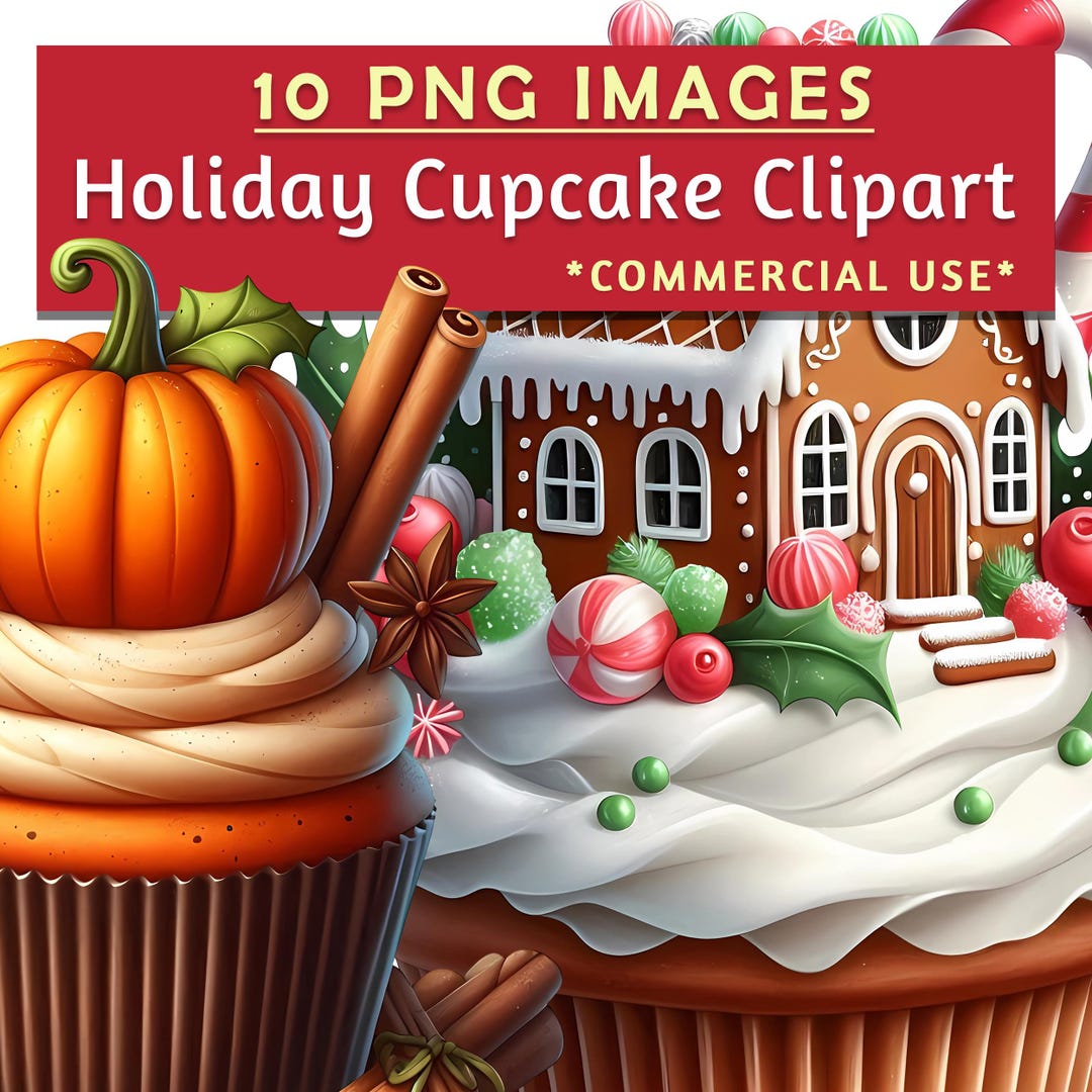 10 Holiday Cupcake Clipart - Festive Digital PNG Files 300 DPI for ...