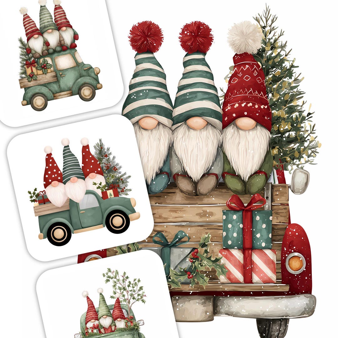 Christmas Gnomes in Truck Clipart | Holiday PNG Set | Vintage Pickup ...