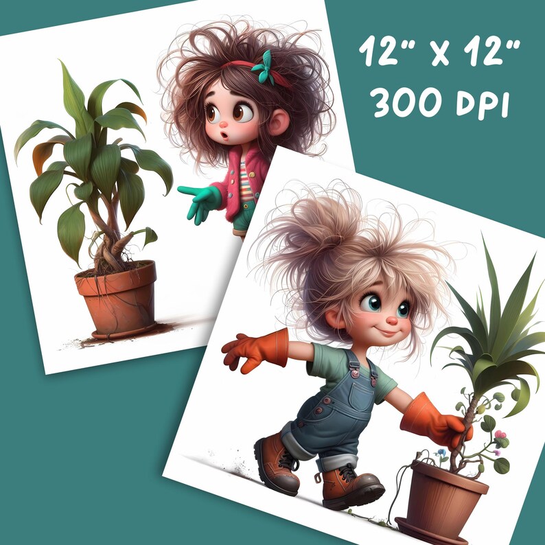 15 Whimsical Girl With Plants Clipart - Digital Download 300 DPI for ...