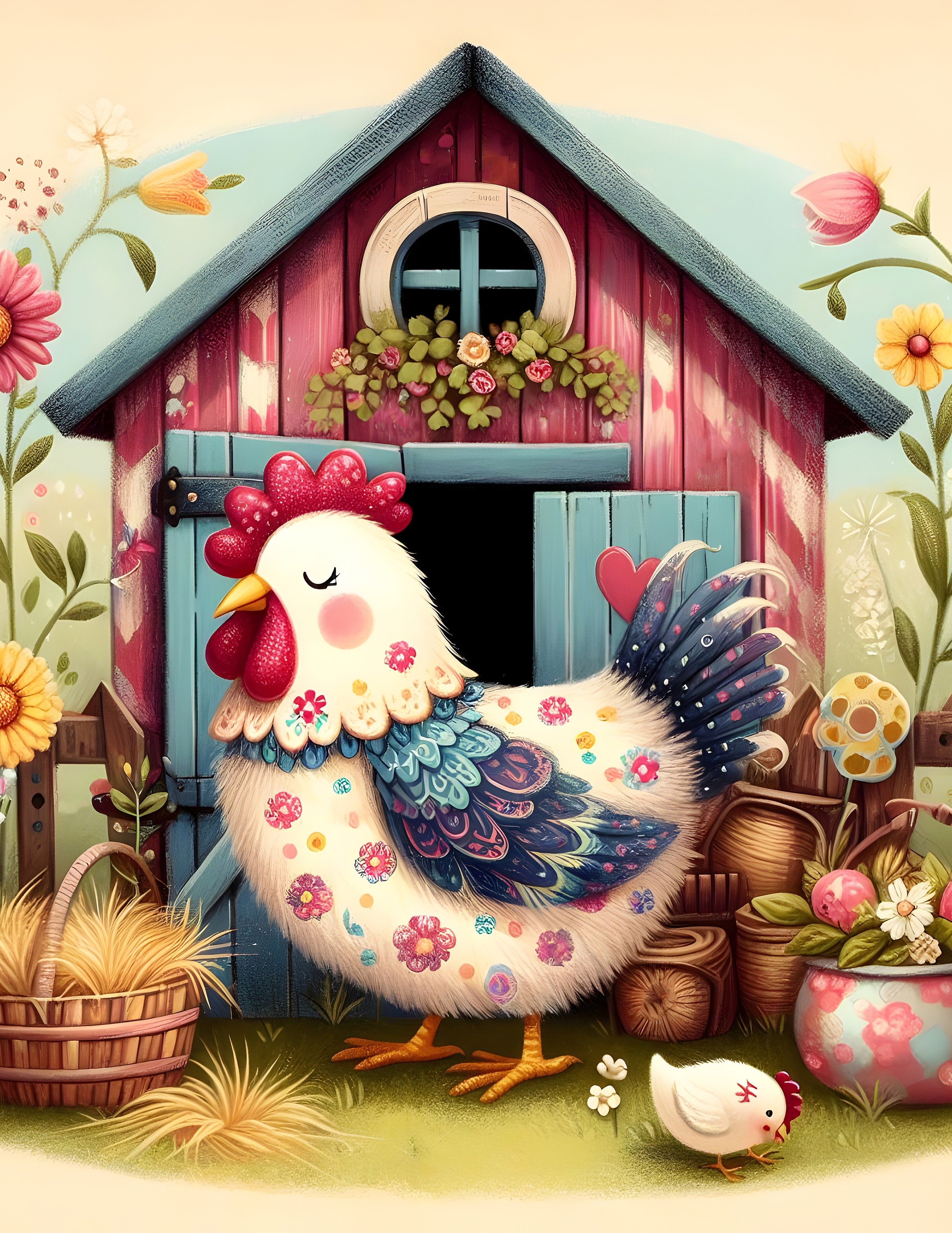 50 Whimsical Calico Chicken Images, Digital Art, Printable Kit, Instant ...