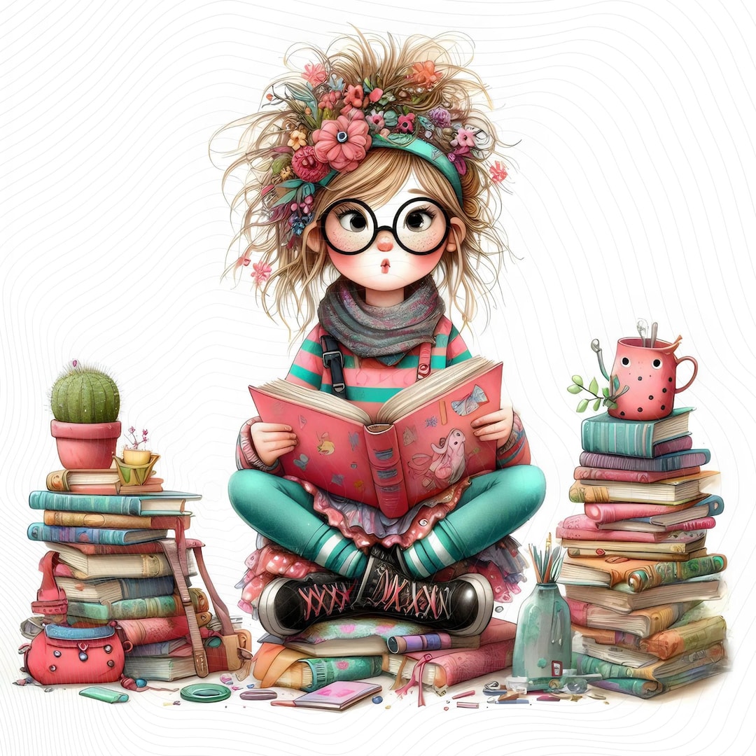 Quirky Book Lover Girl Clipart, Commercial Use (300 DPI Jpgs) - Etsy