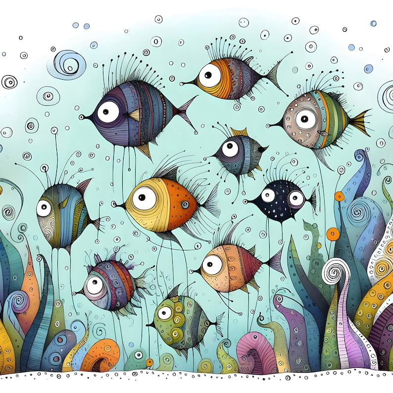 Digital Kit, 50 Whimsical Fish Portrait Illustrations, Digital Art ...