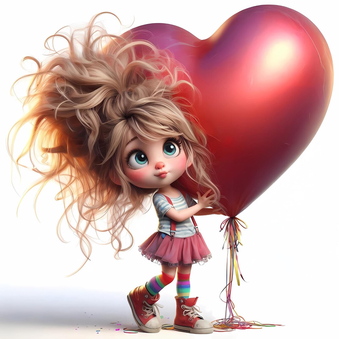 10 Whimsical Girl Clipart - Girls Holding Giant Heart Balloons JPG ...