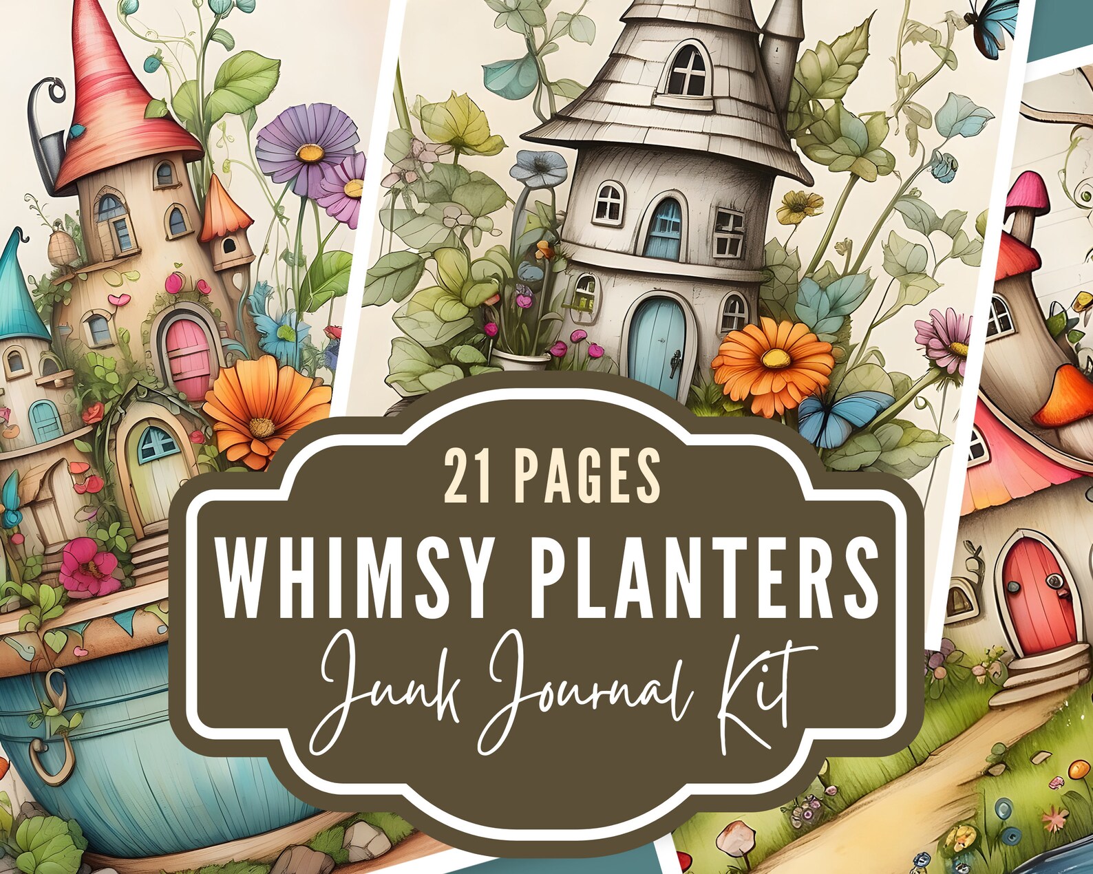21 Whimsical Junk Journal Pages, Whimsical Planter Houses, 21 Pages 8 ...