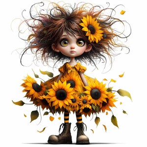 10 Whimsical Girl Clipart - Sunflower Dresses Digital Download 300 DPI ...