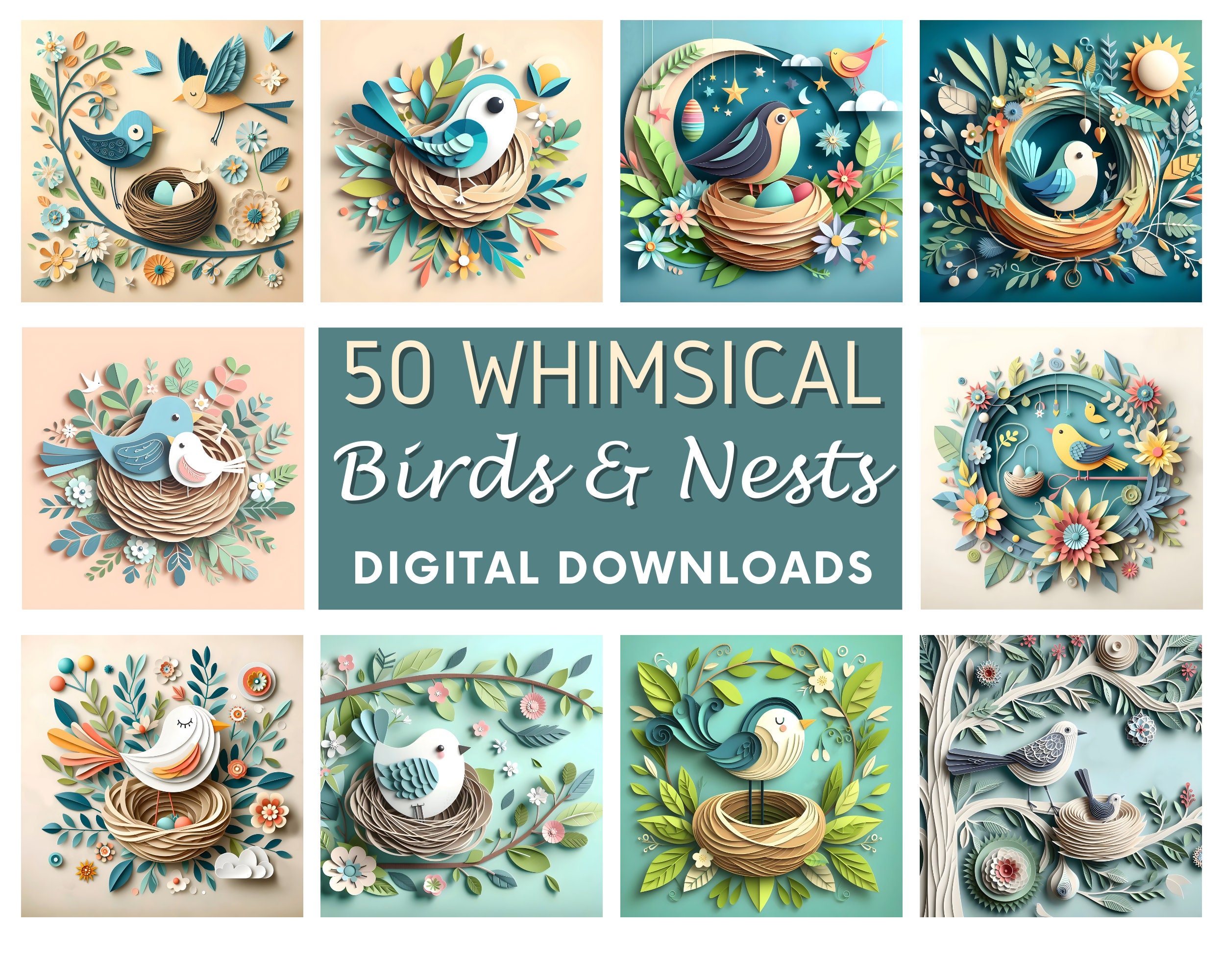 50 Whimsical Birds & Nests, Spring Scenes, Paper Craft Collage, Mixed ...