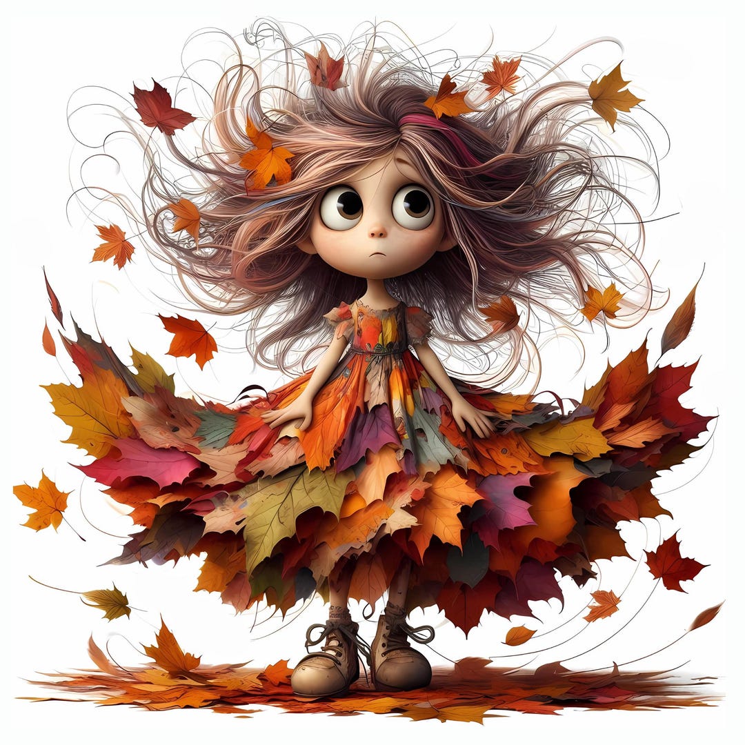 10 Whimsical Girl Clipart - Fall Leaf Dresses Digital Download 300 DPI ...