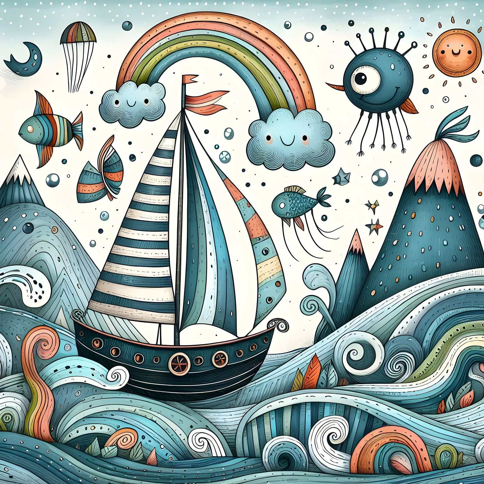 Digital Kit, 40 Whimsical Seascape Illustrations, Digital Art Printable ...