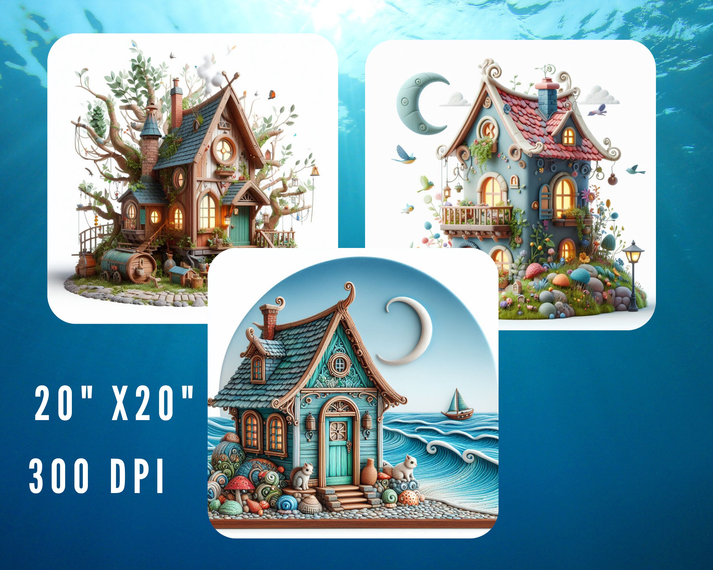 Whimsical Ocean Houses, Digital Papers, 15 Printable Whimsical Scenes ...