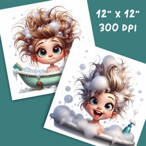 10 Whimsical Girls Clipart - Bubble Bathtub Scene Digital Download 300 ...