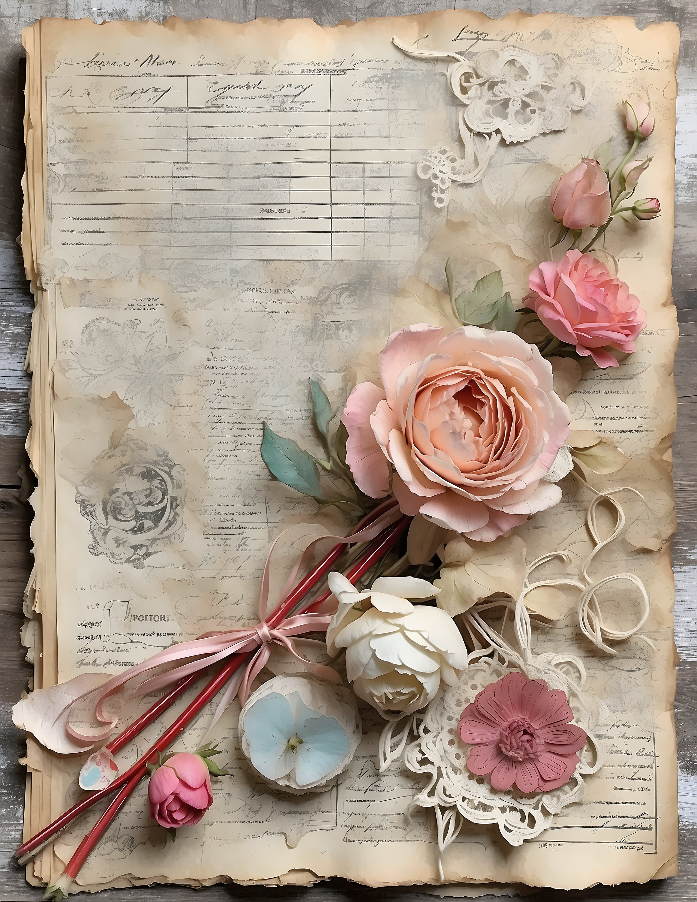 Shabby Chic Vintage Roses and Lace, 20 Junk Journal Pages, Scrapbook ...