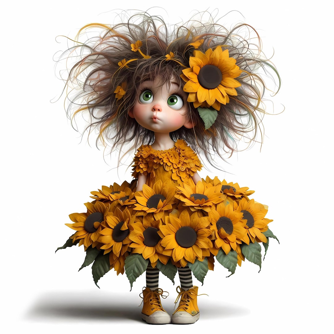 10 Whimsical Girl Clipart - Sunflower Dresses Digital Download 300 DPI ...