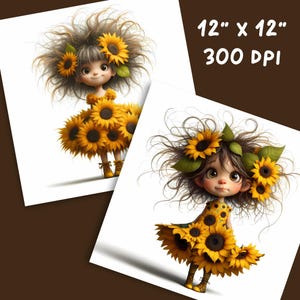 10 Whimsical Girl Clipart - Sunflower Dresses Digital Download 300 DPI ...